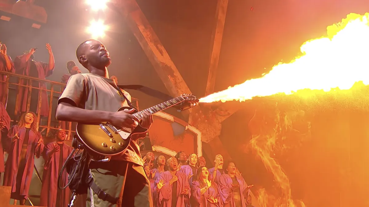 Watch rapper Dave shred on a flamethrower guitar for BRITs… | Kerrang!
